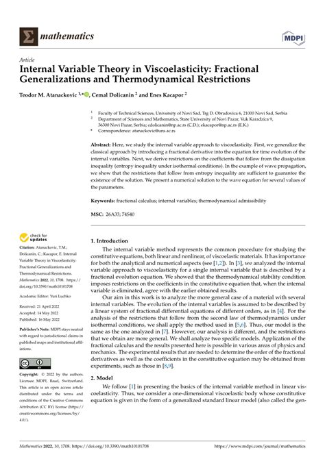 Pdf Internal Variable Theory In Viscoelasticity Fractional Generalizations And