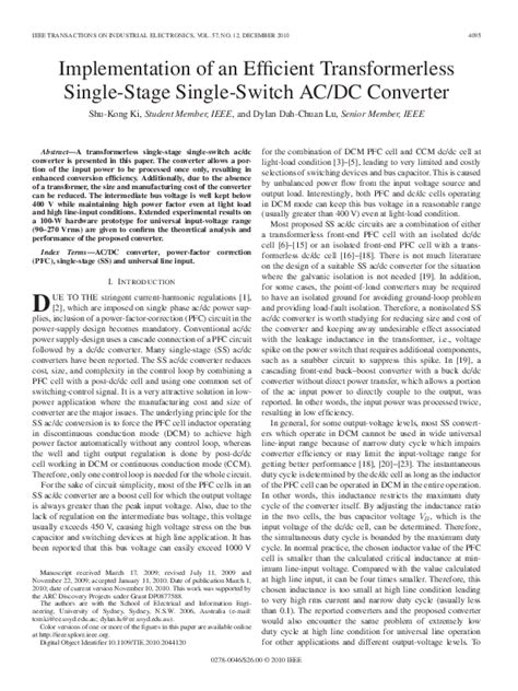 Pdf Implementation Of An Efficient Transformerless Single Stage Single Switch Acdc Converter