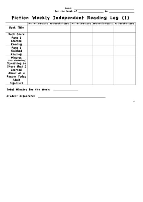 Fiction Weekly Independent Reading Log Printable Pdf Download