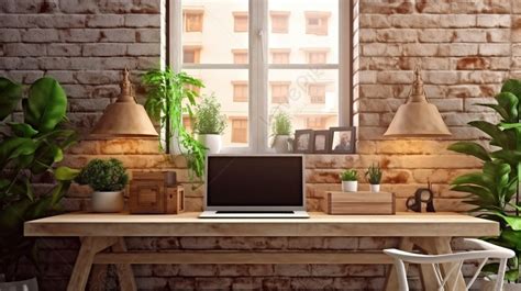 3d 렌더링 소박한 나무 테이블과 벽돌 벽 배경을 갖춘 현대적인 향수를 불러일으키는 작업 공간의 노트북 컴퓨터 모형 작업