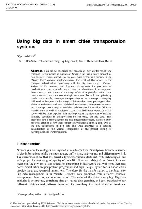 Pdf Using Big Data In Smart Cities Transportation Systems