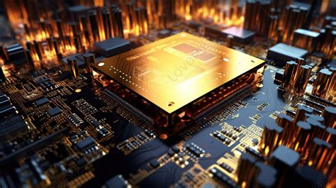 고속 데이터 전송 하이테크 마더보드 배경의 다이나믹 골드 프로세서 3d 일러스트레이션 현대 기술 배경 절대 배경 프로세서 배경 이미지 Hd 현대 기술 절대