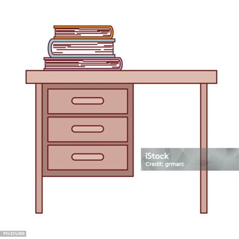 3 개의 서랍 및 갈색 윤곽선과 화려한 실루엣에서 위에 책의 나무 책상 가리기에 대한 스톡 벡터 아트 및 기타 이미지 가리기 갈색 고풍스런 Istock