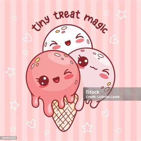 와플 컵에 여러 가지 색의 아이스크림 콘 세 개의 공 귀여운 달콤한 카와이 만화 캐릭터 벡터 일러스트 레이 션 가공의 인물에 대한 스톡 벡터 아트 및 기타 이미지 Istock
