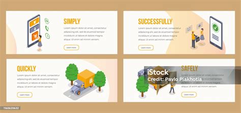 배달 아이소메트릭 방문 페이지 벡터 템플릿입니다 간단 하 게 신속 하 게 배송 성공적으로 배달 소포 문 웹사이트 웹 페이지 단계 고객 및 택배 3d 일러스트 컨셉 고객에