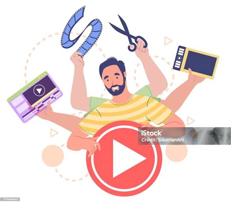 멀티태스킹 남자 모션 디자이너 캐릭터 비디오 생성 벡터 일러스트 레이 션에 대한 다른 도구를 사용하여 많은 손 스토리텔링 그래픽