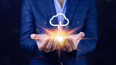 Businessman Holding And Giving Virtual Cloud Icon Computing With Copy Space To Transfer Data