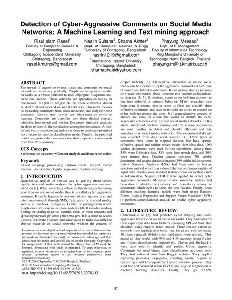 Pdf Detection Of Cyber Aggressive Comments On Social Media Networks