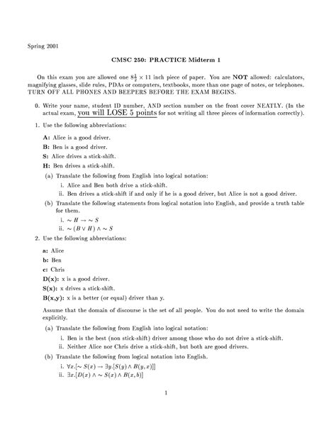 Practice Midterm Exam 1 With 7 Questions Discrete Structures Cmsc 250 Docsity
