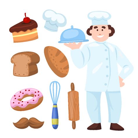 Chef Job Worker Character Tool Equipment Objects With Chefs Hat Cap Hat Donut Rolling Pin
