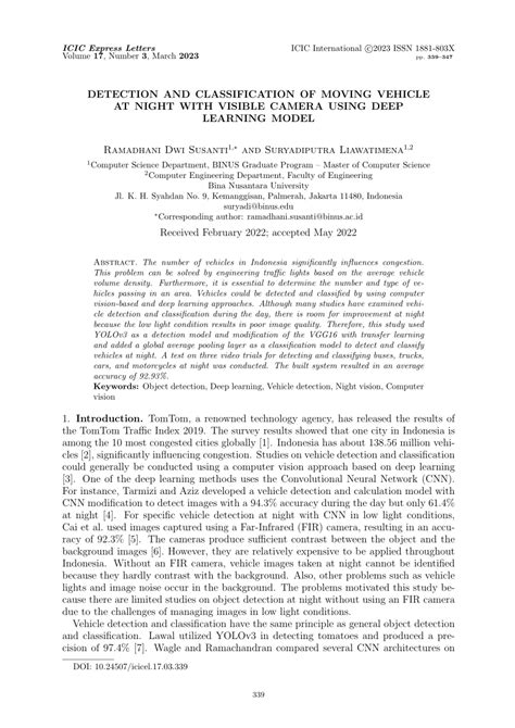 Pdf Detection And Classification Of Moving Vehicle At Night With Visible Camera Using Deep
