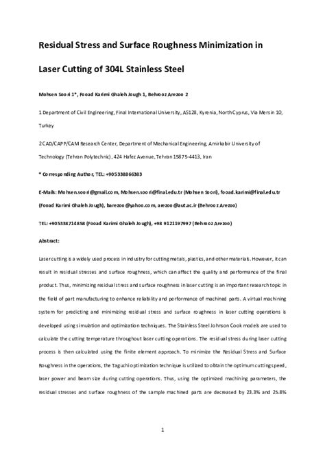 Pdf Residual Stress And Surface Roughness Minimization In Laser Cutting Of 304l Stainless Steel