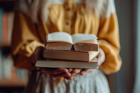 A Girl In The Library Holds A Stack Of Books In Front Of Her Stock