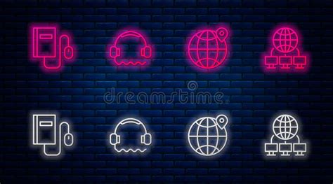 Set Line Headphones Location The Globe Electronic Book With Mouse And