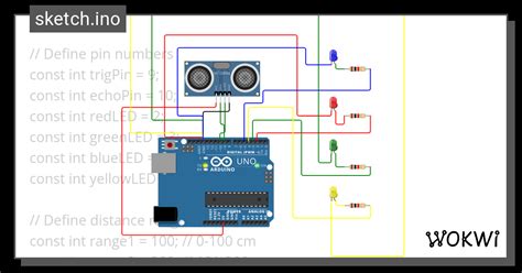 Ultrasonic Sensor With Four Leds Wokwi Esp32 Stm32 Arduino Simulator