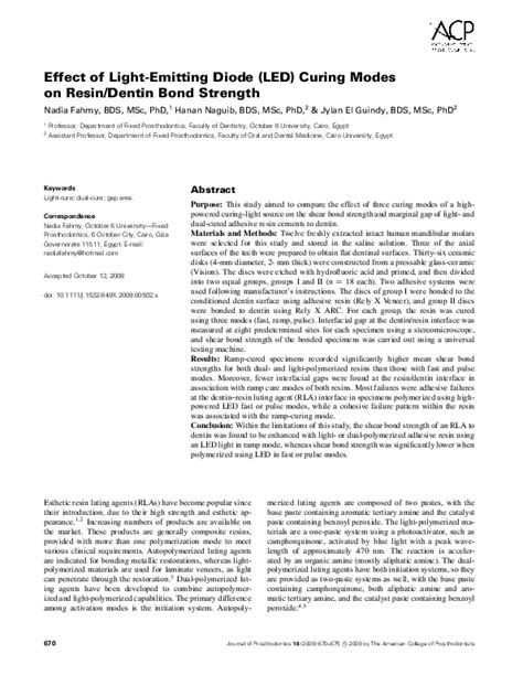 Pdf Effect Of Light Emitting Diode Led Curing Modes On Resin Dentin Bond Strength