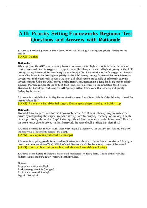 Ati Priority Setting Frameworks Beginner Test Answered All Correctly