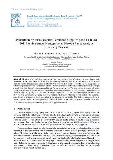 Pdf Penentuan Kriteria Prioritas Pemilihan Supplier Pada Pt Inkor Bola Pacific Dengan