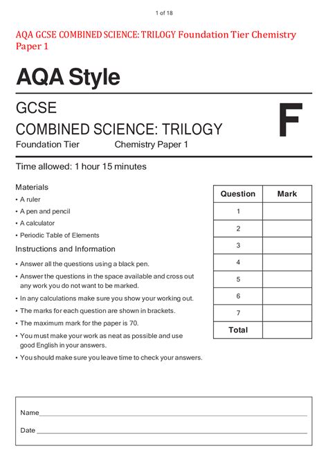 Aqa Gcse Chemistry 8462 2f Paper 2 Foundation Tier Mark Scheme June 2021 Version 1 0 Final Mark