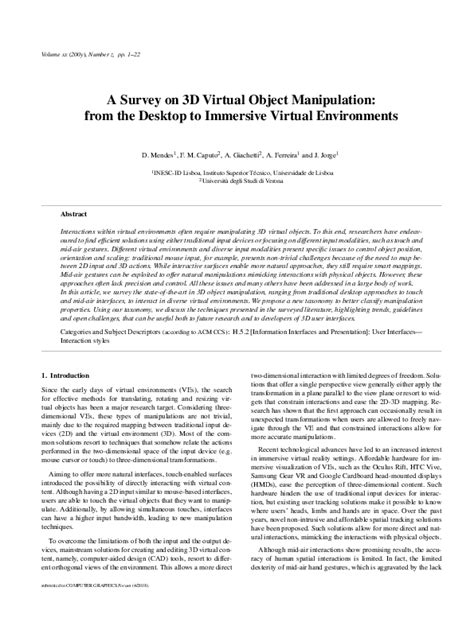 Pdf A Survey On 3d Virtual Object Manipulation From The Desktop To Immersive Virtual Environments