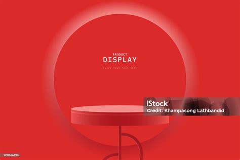 빨간색 3d 원형 실린더 스탠드 연단 받침대가 있는 최소한의 벽 장면은 가대 이젤 삼각대 및 붉은 벽에 둥근 원 모양 뒤에 빛이 비치고 있습니다 고급 3d 벡터 기하학적