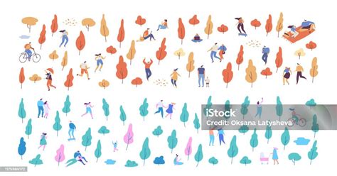 가을과 여름 벡터 공원 배경입니다 공원에서 다양한 사람들 계절의 변화 두발자전거에 대한 스톡 벡터 아트 및 기타 이미지 두발자전거 10월 가을 Istock