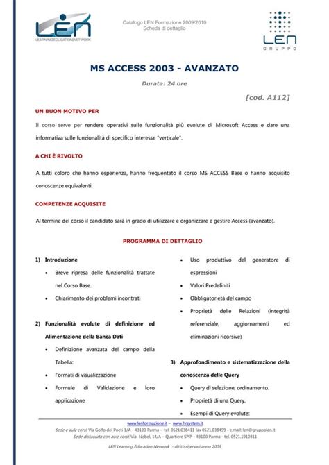 Ms Access 2003 Avanzato Scheda Corso Len Pdf