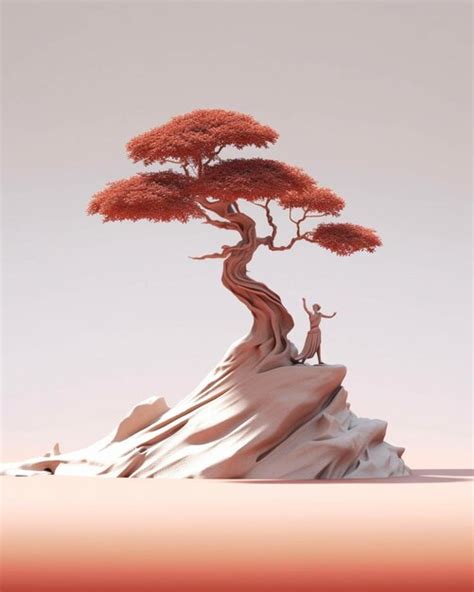 Premium Photo There Is A Small Tree On A Rock With A Man Standing Next To It Generative Ai