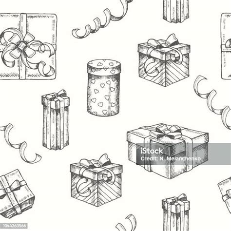 손으로 그린 세트의 다른 선물 및 패키지와 뱀 벡터 완벽 한 패턴입니다 밑그림입니다 조각 크리스마스 새 해 행복 한 생일입니다 벽지 웹 페이지 표면 텍스처 패턴 선물에 대한