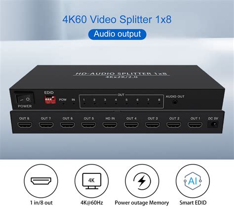 High Performance 1x8 4k 60hz Hdmi Splitter With Audio Output Distribute Hdmi Signals To 8