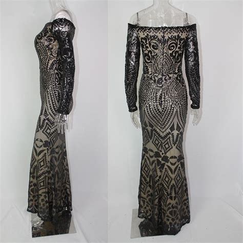 Black Sequined Slash Neck Off The Shoulder Bodycon Backless Elegant
