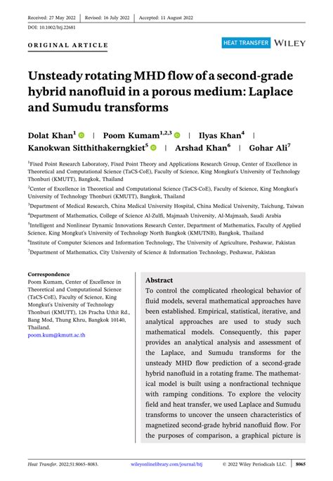 Unsteady Rotating Mhd Flow Of A Second‐grade Hybrid Nanofluid In A Porous Medium Laplace And