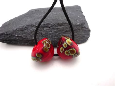 Handmade Lampwork Glass Beads Red Raku Cone Pair