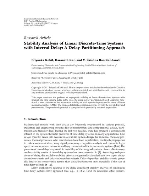 PDF Stability Analysis Of Linear Discrete Time Systems With Interval Delay A Delay