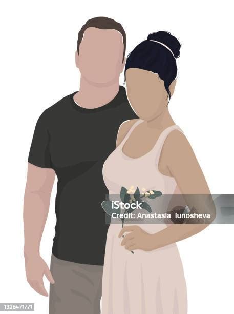 사랑에 빠진 커플 남자와 여자는 나란히 서 있다 소녀는 꽃을 들고있다 벡터 현대 평면 일러스트 레이어에서 격리됩니다 엽서 포스터 배너 잡지 또는 책 표지용 2명에 대한 스톡