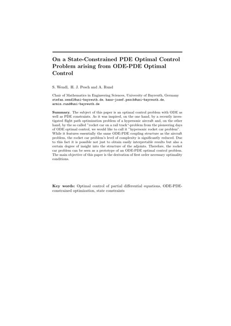 Pdf On A State Constrained Pde Optimal Control Problem Arising From