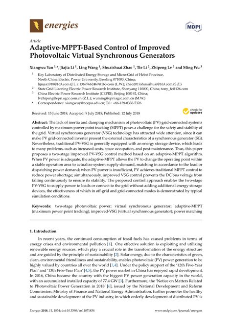 Pdf Adaptive Mppt Based Control Of Improved Photovoltaic Virtual Synchronous Generators