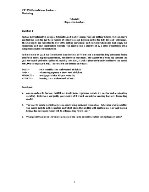 Tutorial 3 Regression Analysis CB2203 Data Driven Business Modeling 1