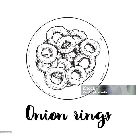 둥근 흰색 접시에 양파 반지 맨 위 보기 스케치 드로잉 손으로 그린 튀김 간식 거리 패스트 푸드 벡터 그림입니다 흰색 배경에 격리 감자 칩에 대한 스톡 벡터 아트 및 기타