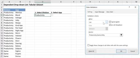 Excel Dependent Drop Down List On Tabular Data