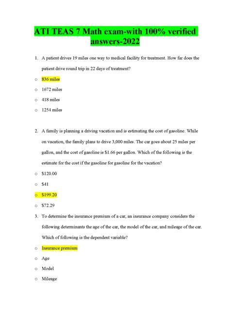 Ati Teas 7 Math Exam With 100 Verified Answers 20222023