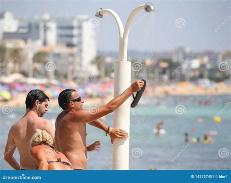 Tourists Shower In Arenal Beach In Mallorca Editorial Photo Image Of Blue Crowded