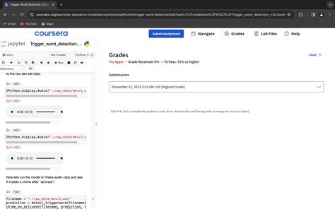 trigger word detection v2a ipynb 0 score in grader output sequence models deeplearning ai