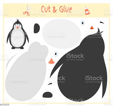 교육 종이 취학 전 어린이의 개발을 위한 게임 이미지와 종이에 접착제의 부분을 잘라 벡터 일러스트입니다 가 위와 접착제를 사용 하 여 만들는 아플 리 케 펭귄 Test