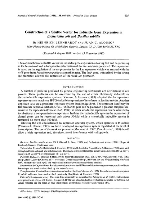 Pdf Construction Of A Shuttle Vector For Inducible Gene Expression In