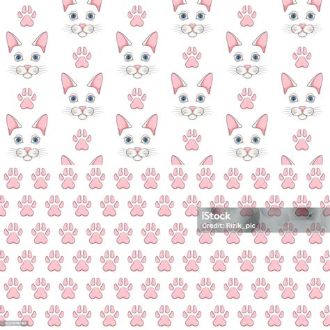 흰색 고양이 얼굴과 발 완벽 한 패턴의 집합을 인쇄합니다 색된 벡터 배경입니다 가축에 대한 스톡 벡터 아트 및 기타 이미지 가축 개체 그룹 고양이 새끼 Istock