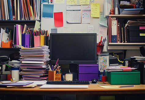 A Cluttered Office Desk With An Open Notebook And A Colorful Array Of