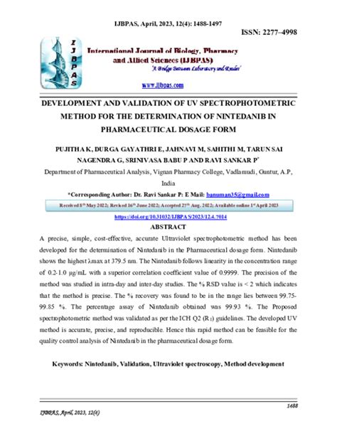Pdf Development And Validation Of Uv Spectrophotometric Method For The Determination Of