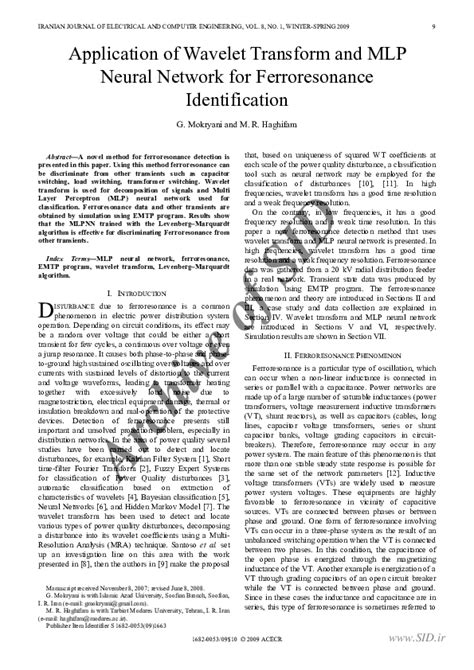 Pdf Application Of Wavelet Transform And Mlp Neural Network For Ferroresonance Identification