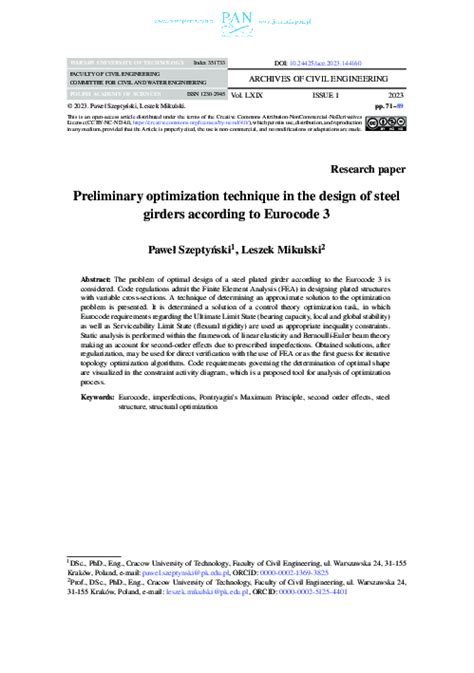 Pdf Preliminary Optimization Technique In The Design Of Steel Girders According To Eurocode 3